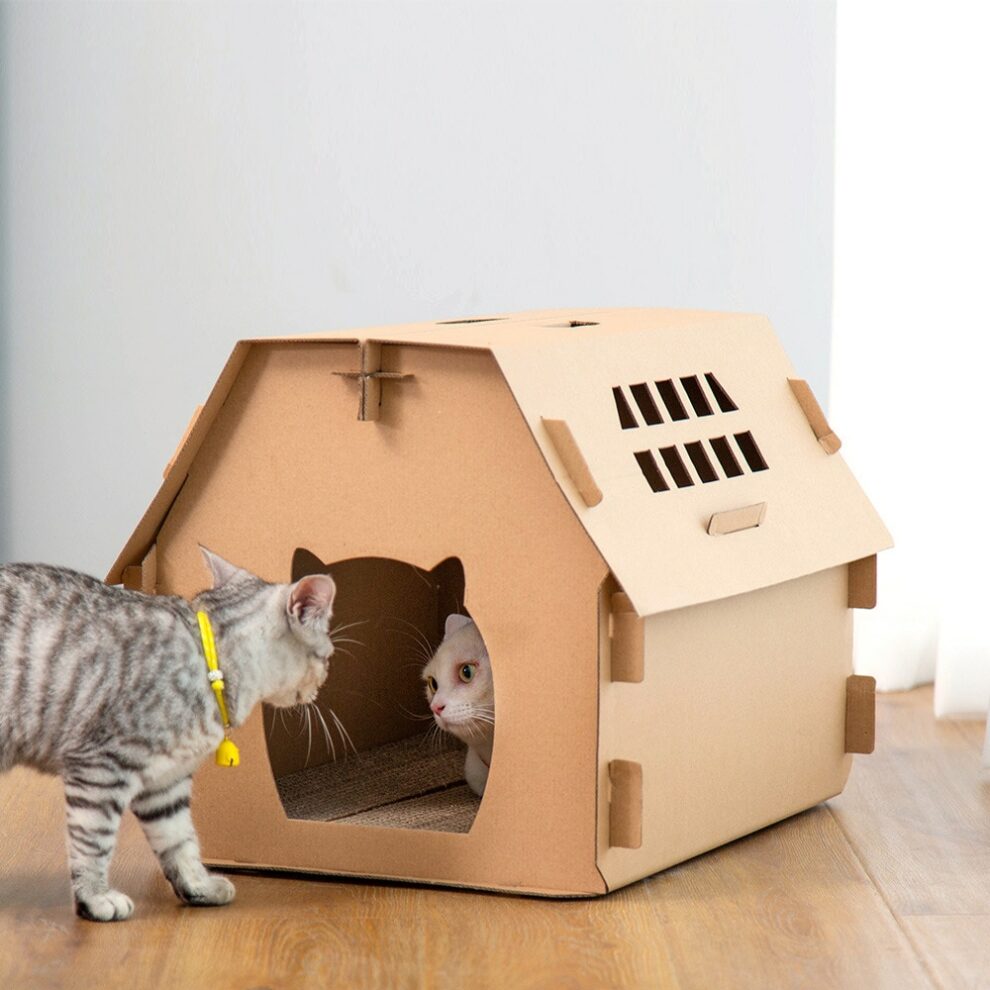 Indoor Corrugated Paper Cat House With Scratch Board And Small Window ...